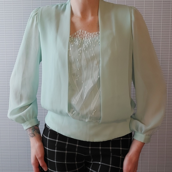 Vintage | Tops | Vintage Pastel Blouse Medium 8s 90s Flowy Seafoam Mint ...